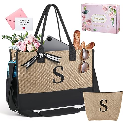 TRSODD Christmas Gifts for Women, Gifts for Women, Gifts for Mom, Mom Gifts, Christmas Gifts for Mom, Ju-te Straw Tote Bag with Shoulder Strap and Makeup Bag S