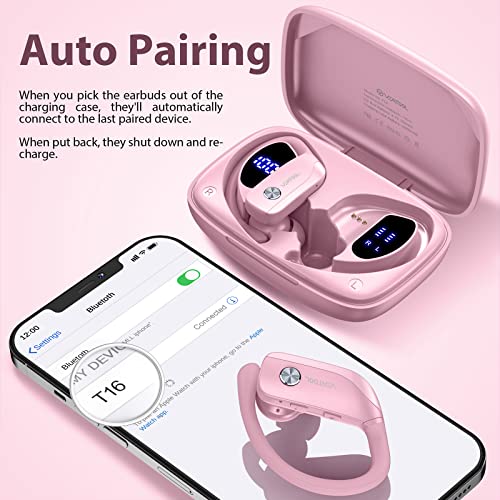 Wireless Earbuds Bluetooth Headphones 48hrs Play Back Sport Earphones with LED Display Over-Ear Buds with Earhooks Built-in Mic Headset for Workout Pink BMANI-VEAT00L