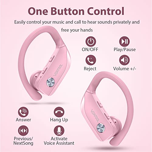 Wireless Earbuds Bluetooth Headphones 48hrs Play Back Sport Earphones with LED Display Over-Ear Buds with Earhooks Built-in Mic Headset for Workout Pink BMANI-VEAT00L