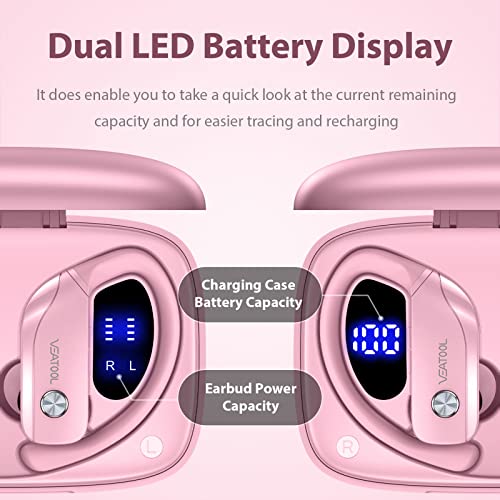 Wireless Earbuds Bluetooth Headphones 48hrs Play Back Sport Earphones with LED Display Over-Ear Buds with Earhooks Built-in Mic Headset for Workout Pink BMANI-VEAT00L