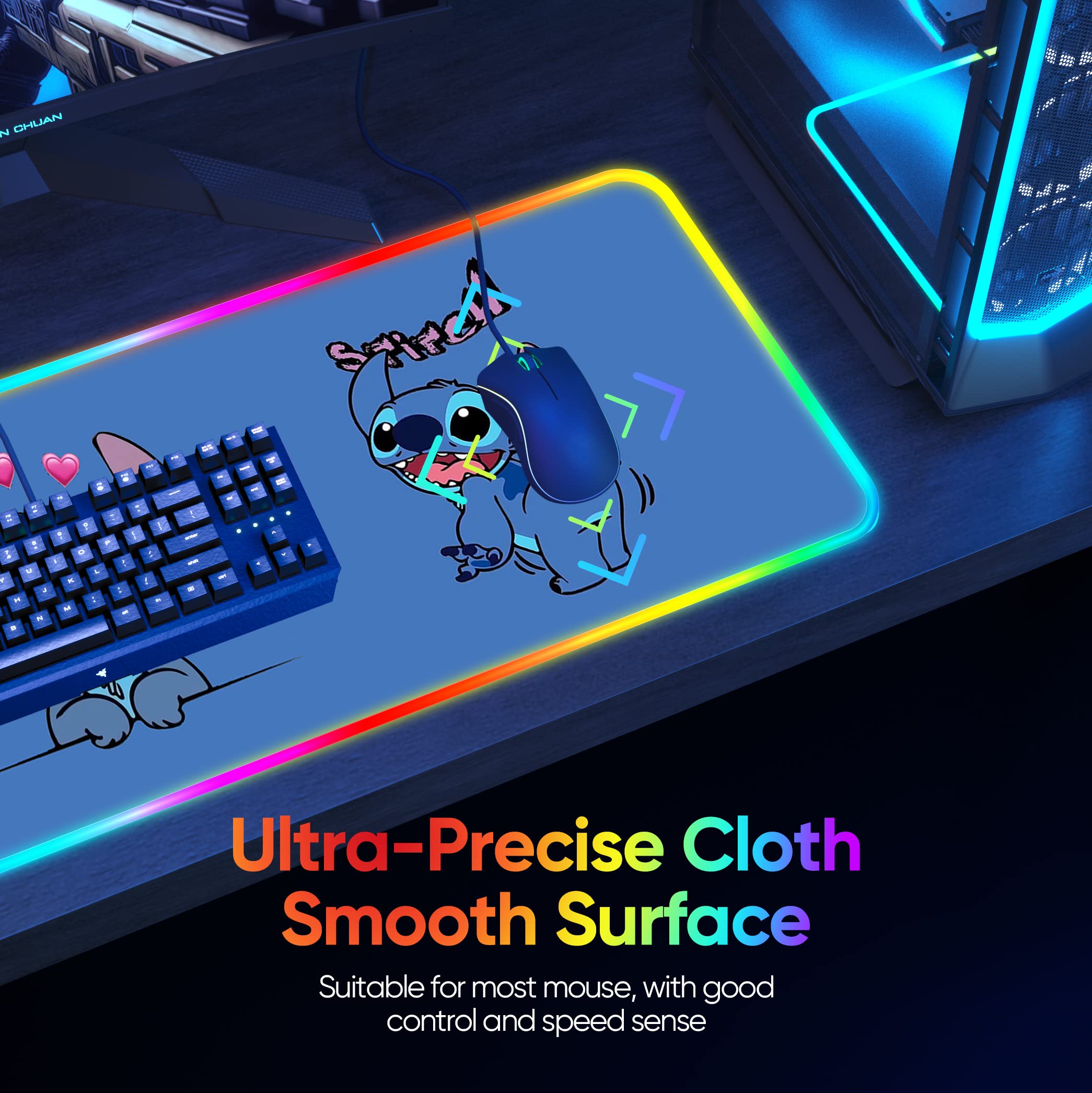 RGB Gaming Mouse Pad,Cartoon Stitch Large Gaming Mouse Pad with 14 Lighting Modes,Waterproof Computer Keyboard Desk Mat 31.5×11.8 inches (Stitch B)