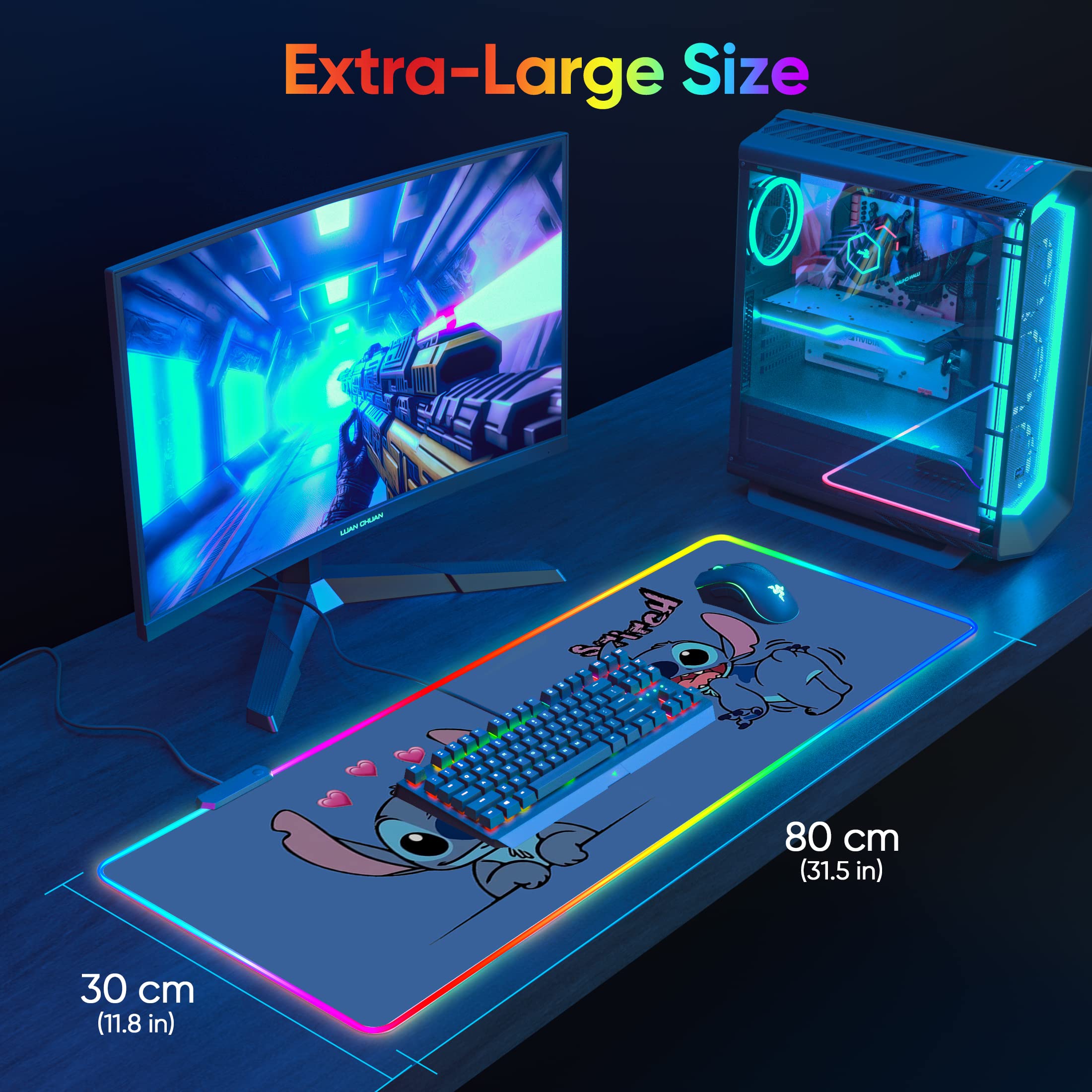 RGB Gaming Mouse Pad,Cartoon Stitch Large Gaming Mouse Pad with 14 Lighting Modes,Waterproof Computer Keyboard Desk Mat 31.5×11.8 inches (Stitch B)