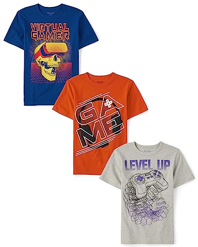 The Children's Place Boys' Short Sleeve Graphic T-Shirt 3-Pack, Level Up/Headset/Skeleton Gamer, 3X-Large