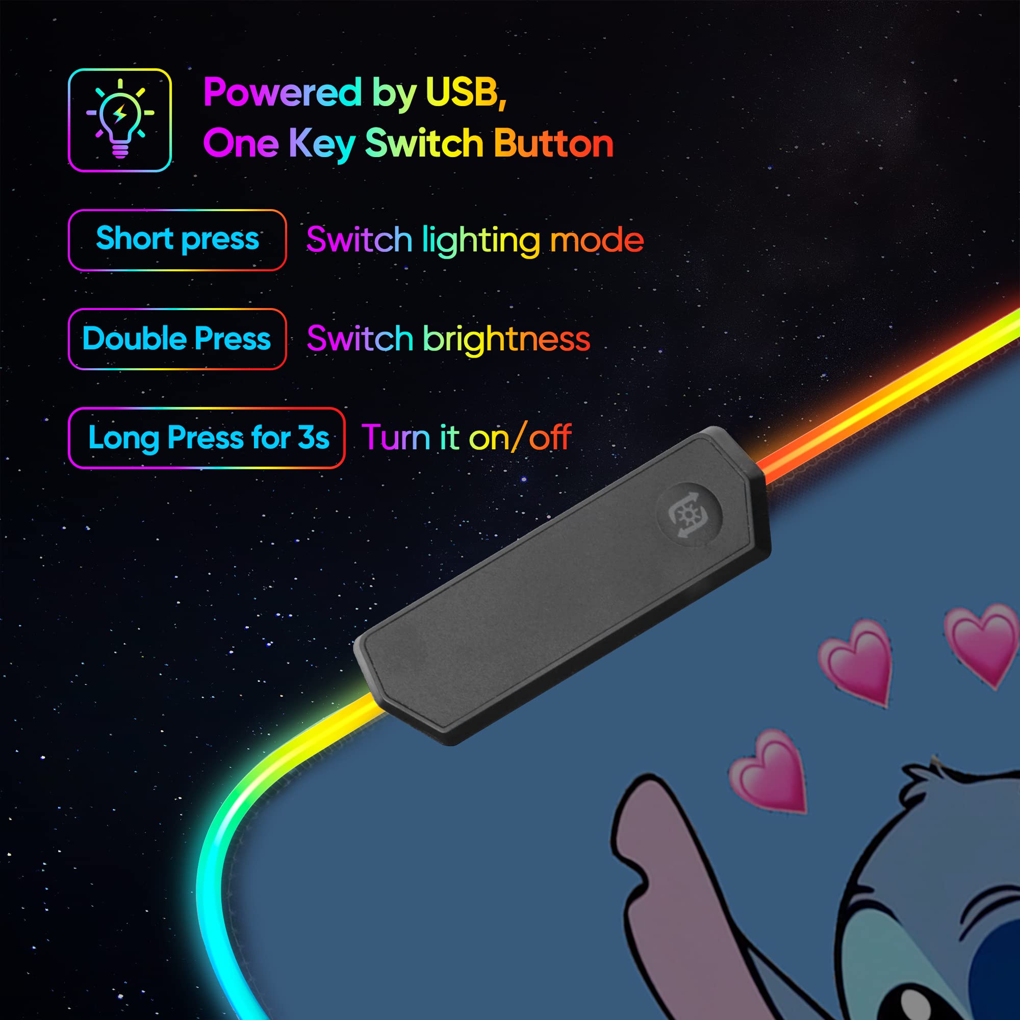 RGB Gaming Mouse Pad,Cartoon Stitch Large Gaming Mouse Pad with 14 Lighting Modes,Waterproof Computer Keyboard Desk Mat 31.5×11.8 inches (Stitch B)