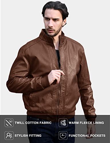 WenVen Men's Stand Collar Fleece Lined Bomber Faux Leather Jacket (Field, M)