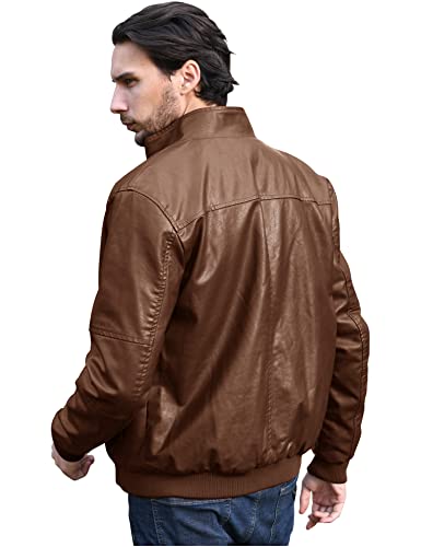 WenVen Men's Stand Collar Fleece Lined Bomber Faux Leather Jacket (Field, M)