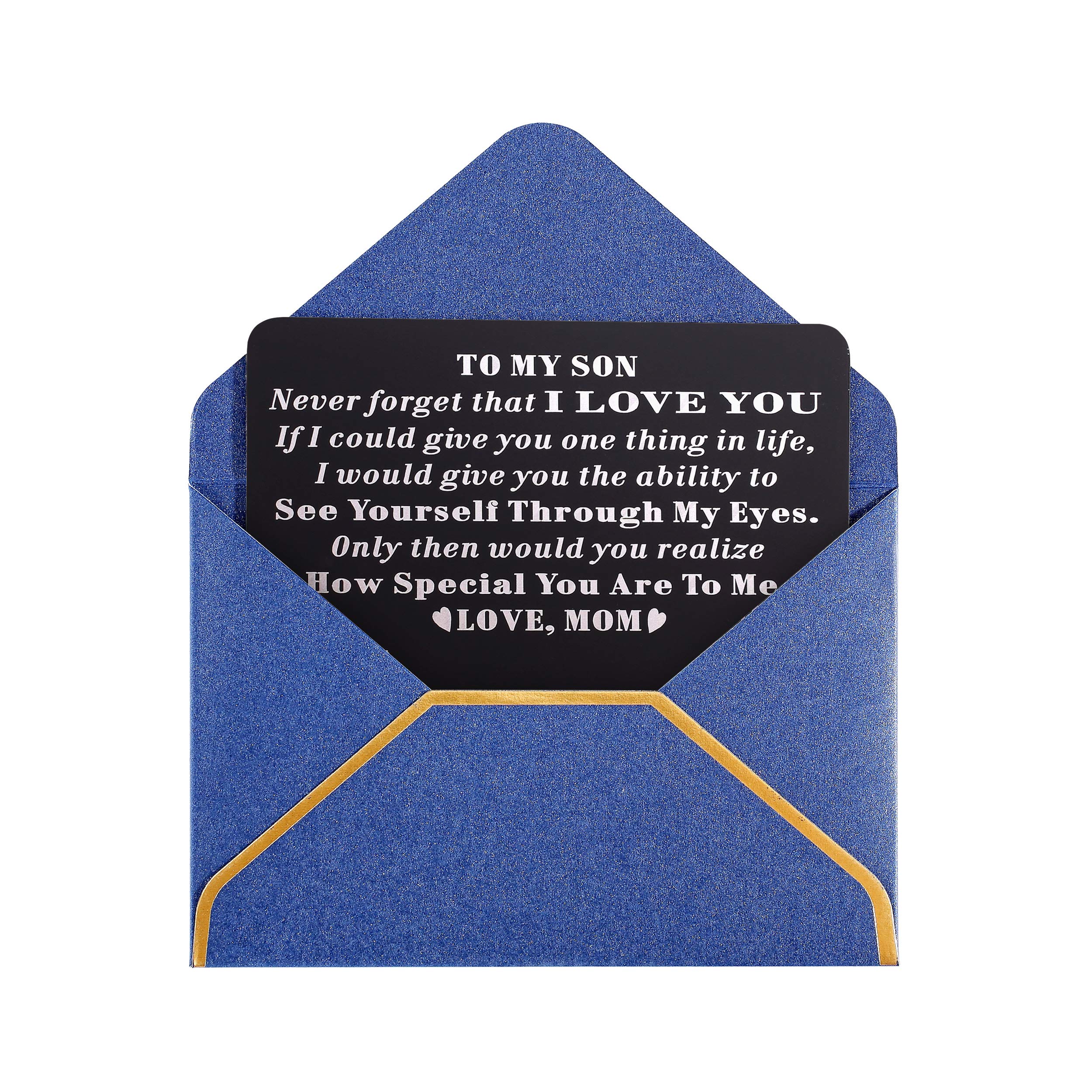 Personalized Engraved Message Wallet Card Inserts Customized for Son from Mom - I Love You - Birthday Christmas Graduation Deployment - Unique Custom Metal Cards for Him from Mother