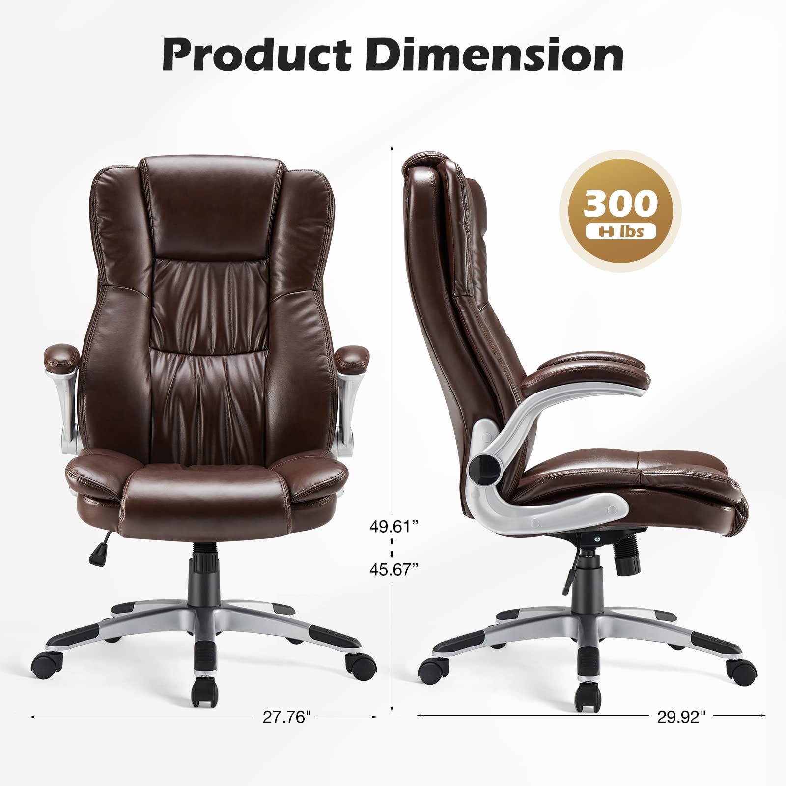 Big and Tall Office Chair Ergonomic Desk Chair with Arms Adjustable Height High Back Lumbar Support Computer Chair Comfortable Leather Brown Executive Chair