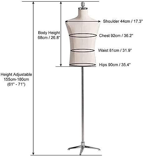 Tailors Dummy Mannequins Beige Male Linen Mannequin Torso, Dress Form Clothing Display Stand with Metal Base - Easy Assemble and Clean Dressform Mannequin