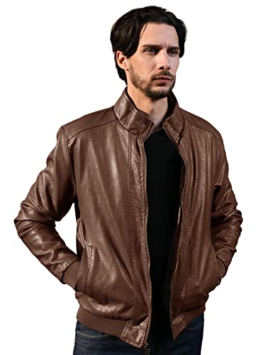 WenVen Men's Stand Collar Fleece Lined Bomber Faux Leather Jacket (Field, M)