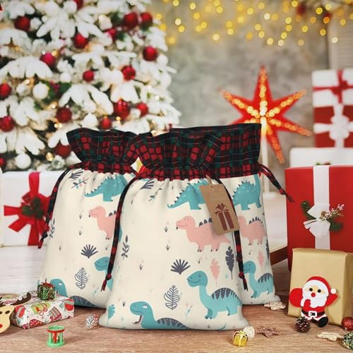 Christmas Gift Bags with Drawstring Burlap Gift Bags Adorable Dinosaur Christmas Linen Bags for Xmas Party Candy Bags with Cards Xmas Reusable Wrapping Bags Christmas Linen Treat Bags for Holiday