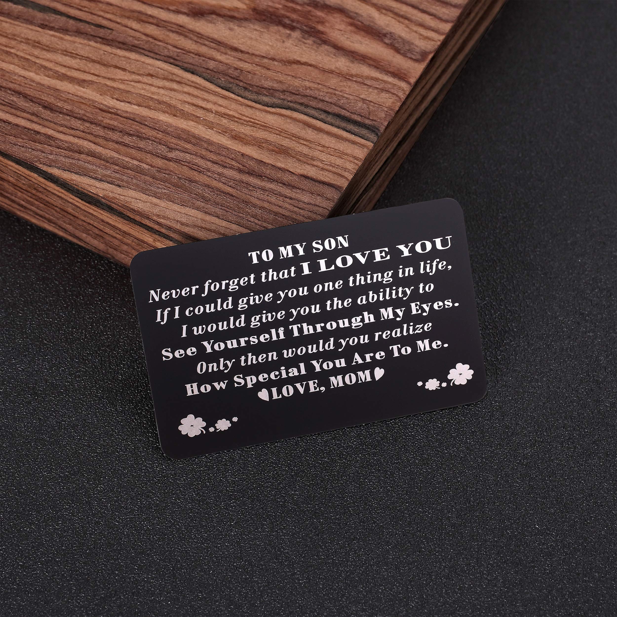 Personalized Engraved Message Wallet Card Inserts Customized for Son from Mom - I Love You - Birthday Christmas Graduation Deployment - Unique Custom Metal Cards for Him from Mother