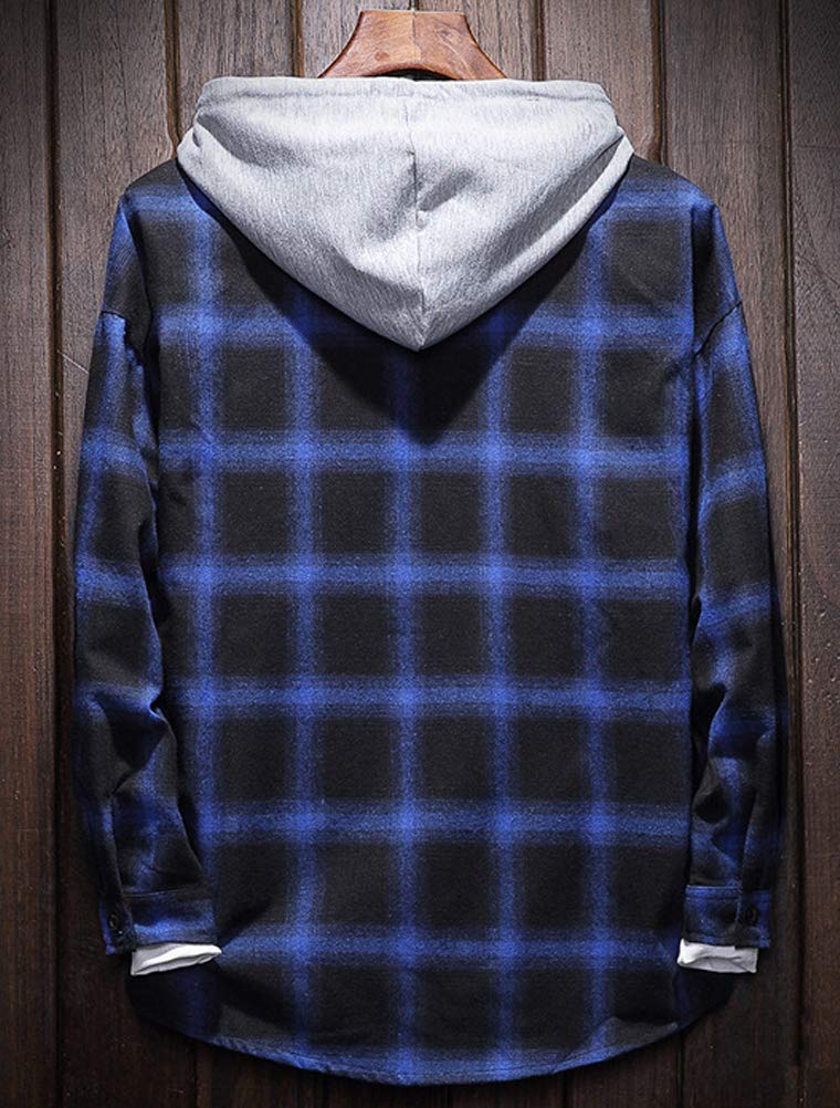 Lavnis Men's Plaid Hooded Shirts Casual Long Sleeve Lightweight Shirt Jackets Blue XL