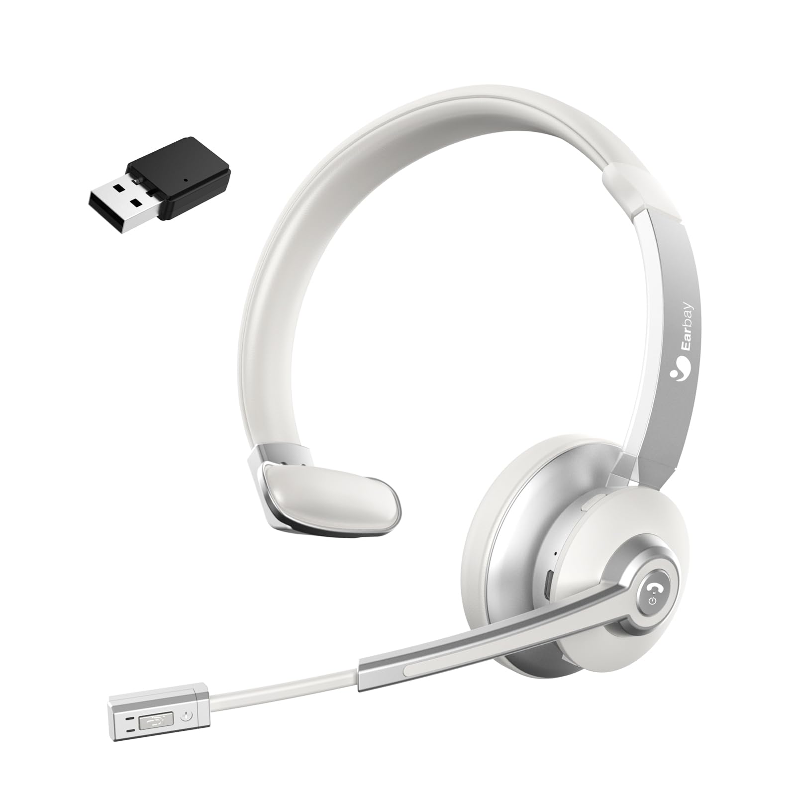 Bluetooth Headset, Wireless Headset with Microphone Noise Cancelling & USB Dongle, Hands Free Office Headset with Mic Mute, Single Ear Bluetooth Headsets for Work/PC/Truck Drivers-White Silver