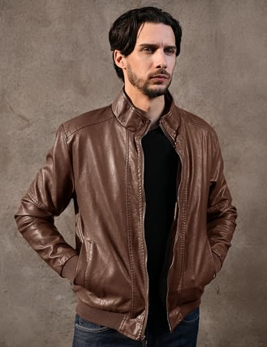 WenVen Men's Stand Collar Fleece Lined Bomber Faux Leather Jacket (Field, M)