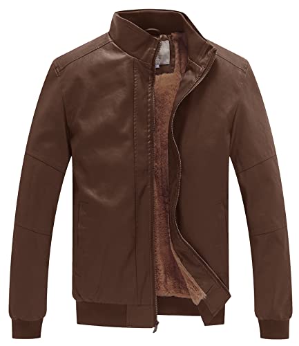 WenVen Men's Stand Collar Fleece Lined Bomber Faux Leather Jacket (Field, M)