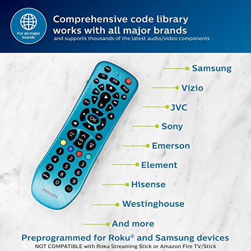 Philips Universal Remote Control Replacement for Samsung, Vizio, LG, Sony, Sharp, Roku, Apple TV, RCA, Panasonic, Smart TVs, Streaming Players, Blu-ray, DVD, Simple Setup, 3 Device, Blue, SRP3249B/27