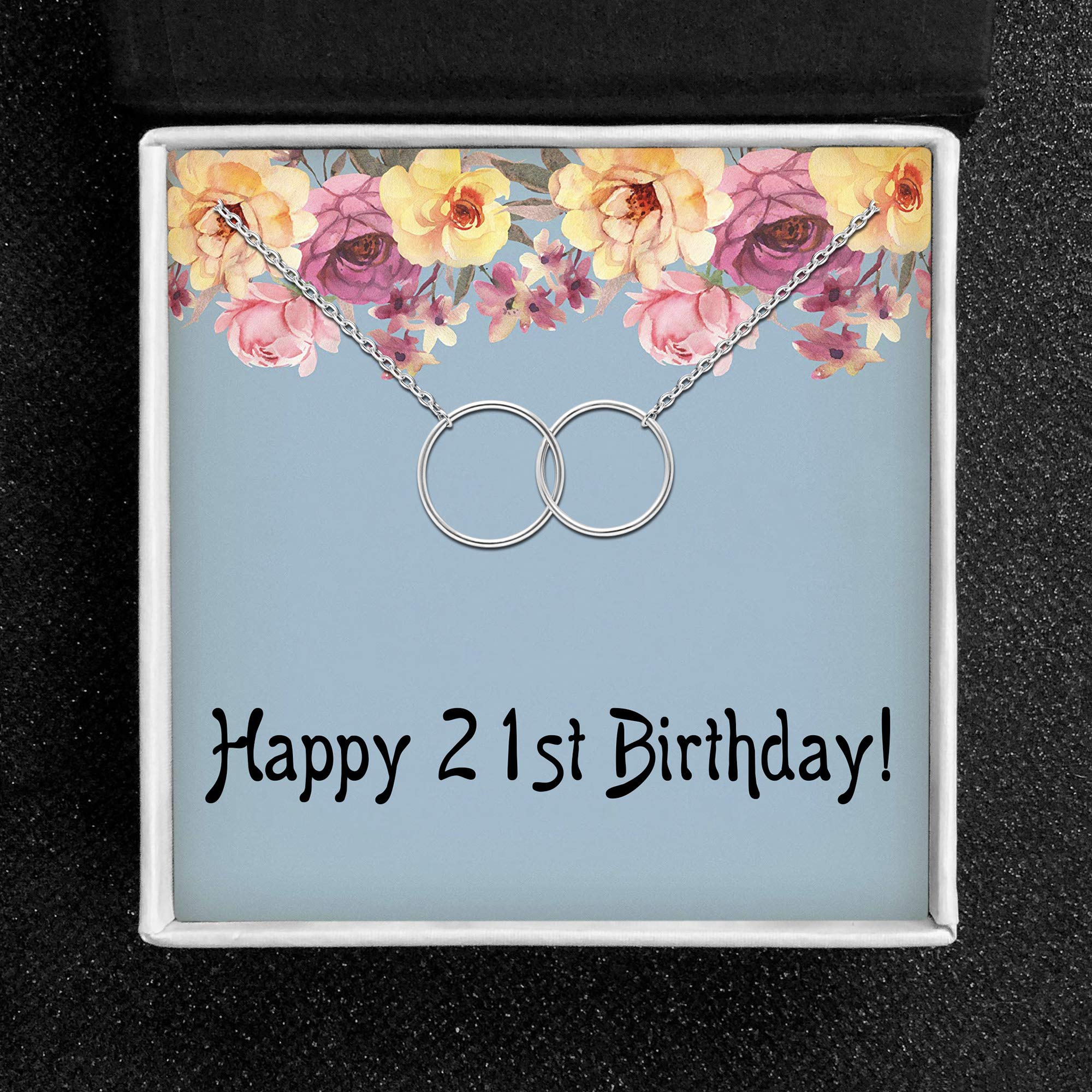 Linked Circles Necklace For Women With Happy 21st Birthday Greeting Card by Ginger Lyne | Sterling Silver Pendant and Chain with Message Card In Logo Black Box | Gifts for Birthday