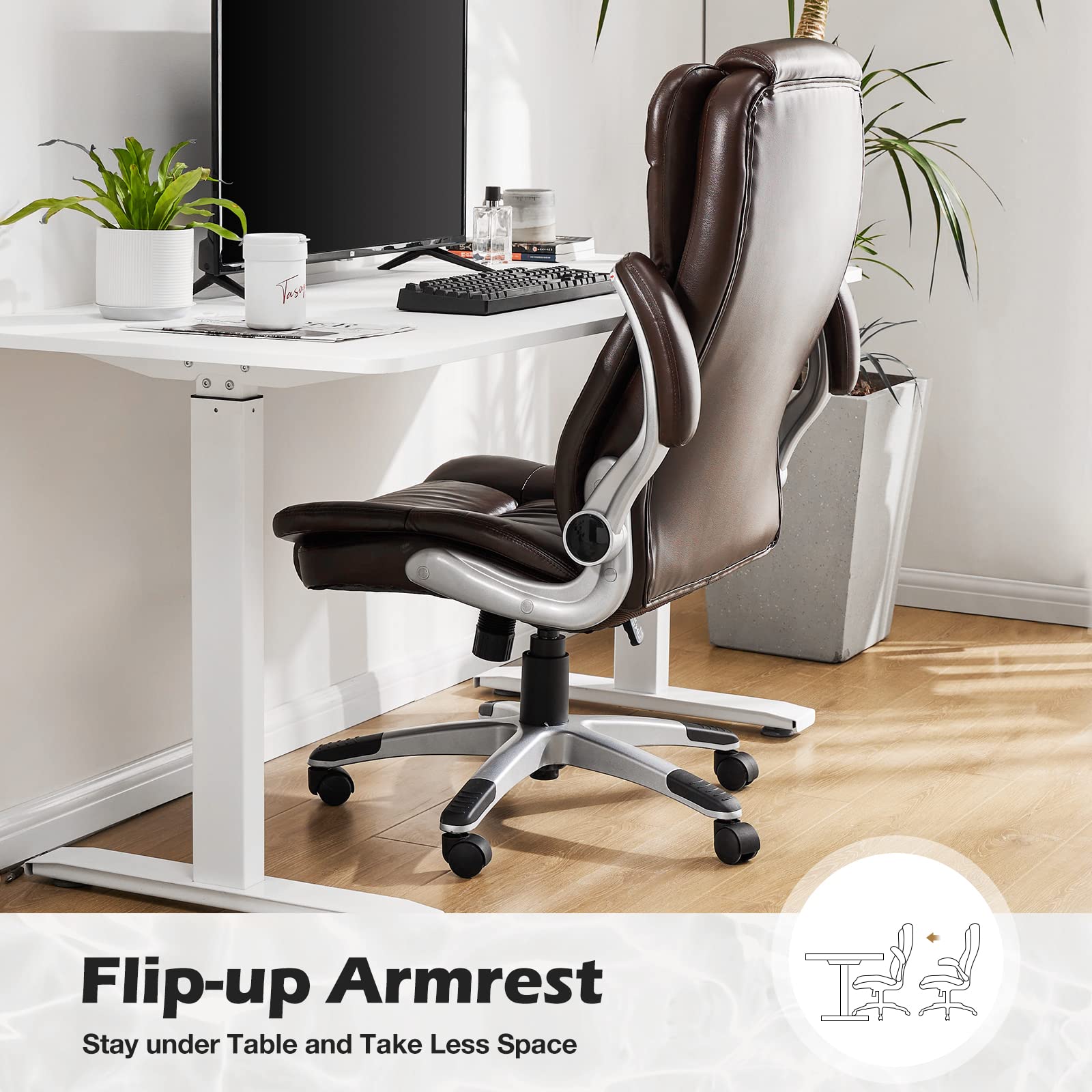 Big and Tall Office Chair Ergonomic Desk Chair with Arms Adjustable Height High Back Lumbar Support Computer Chair Comfortable Leather Brown Executive Chair
