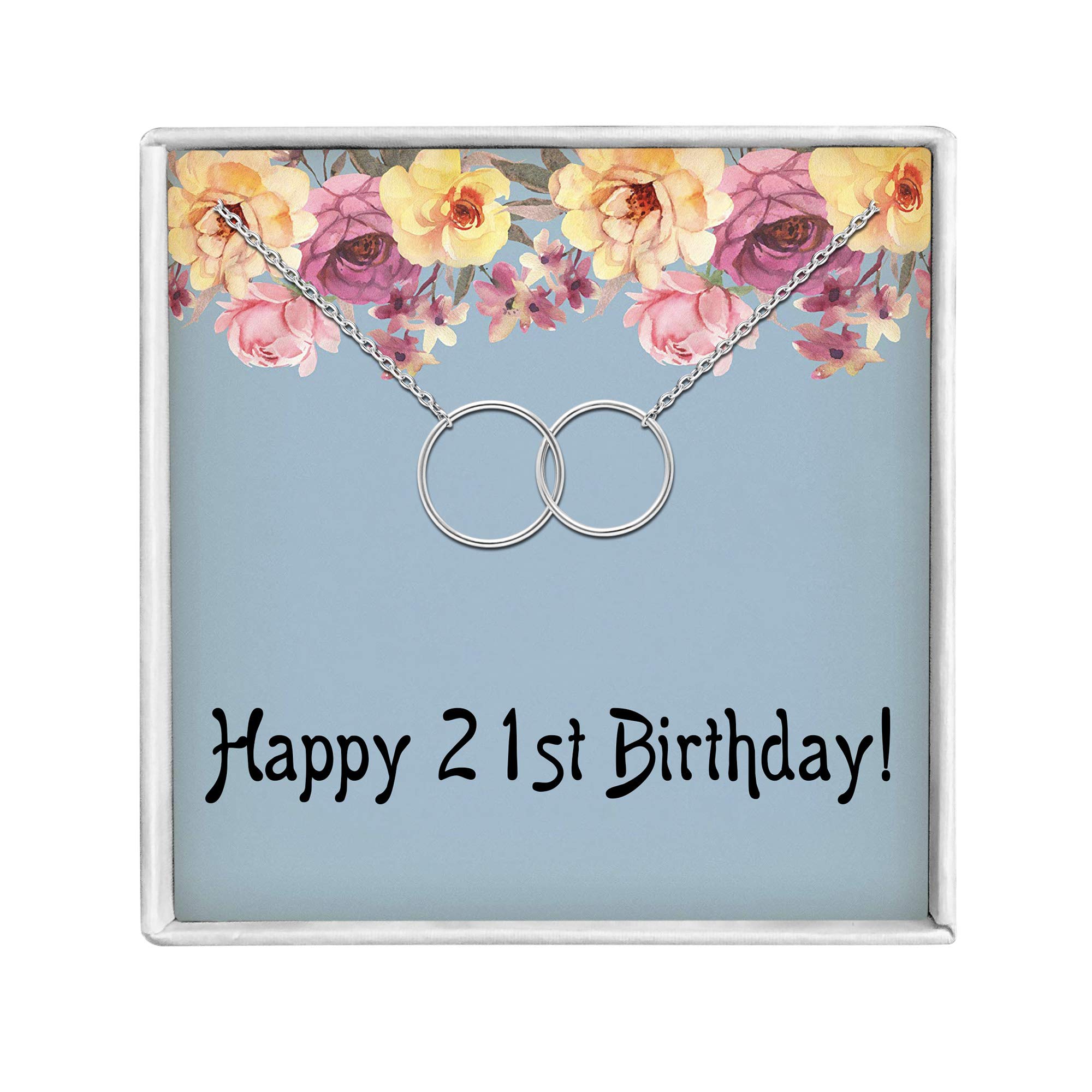 Linked Circles Necklace For Women With Happy 21st Birthday Greeting Card by Ginger Lyne | Sterling Silver Pendant and Chain with Message Card In Logo Black Box | Gifts for Birthday