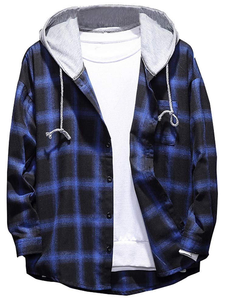 Lavnis Men's Plaid Hooded Shirts Casual Long Sleeve Lightweight Shirt Jackets Blue XL