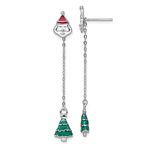 Diamond2Deal Sterling Silver RH-plated Enameled Crystal Santa/Tree Stud Earrings (L- 2.01 in, W- 0.3 in)