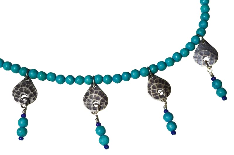 Elaine Coyne Collectible Artwear Santa Fe Antique Silver Plated Brass Teardrop Dangle Necklace - Turquoise