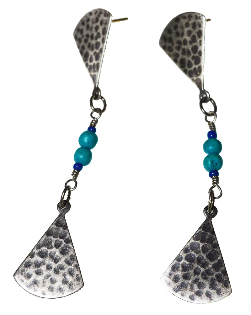 Elaine Coyne Collectible Artwear Santa Fe Antique Silver Plated Brass Teardrop Dangle Necklace - Turquoise