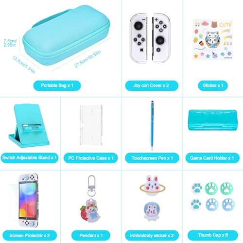 innoAura Switch OLED Case 19-in-1 Bundle with Carrying Case, Game Organizer, Screen Protector, Stand and Thumb Grips (Blue)