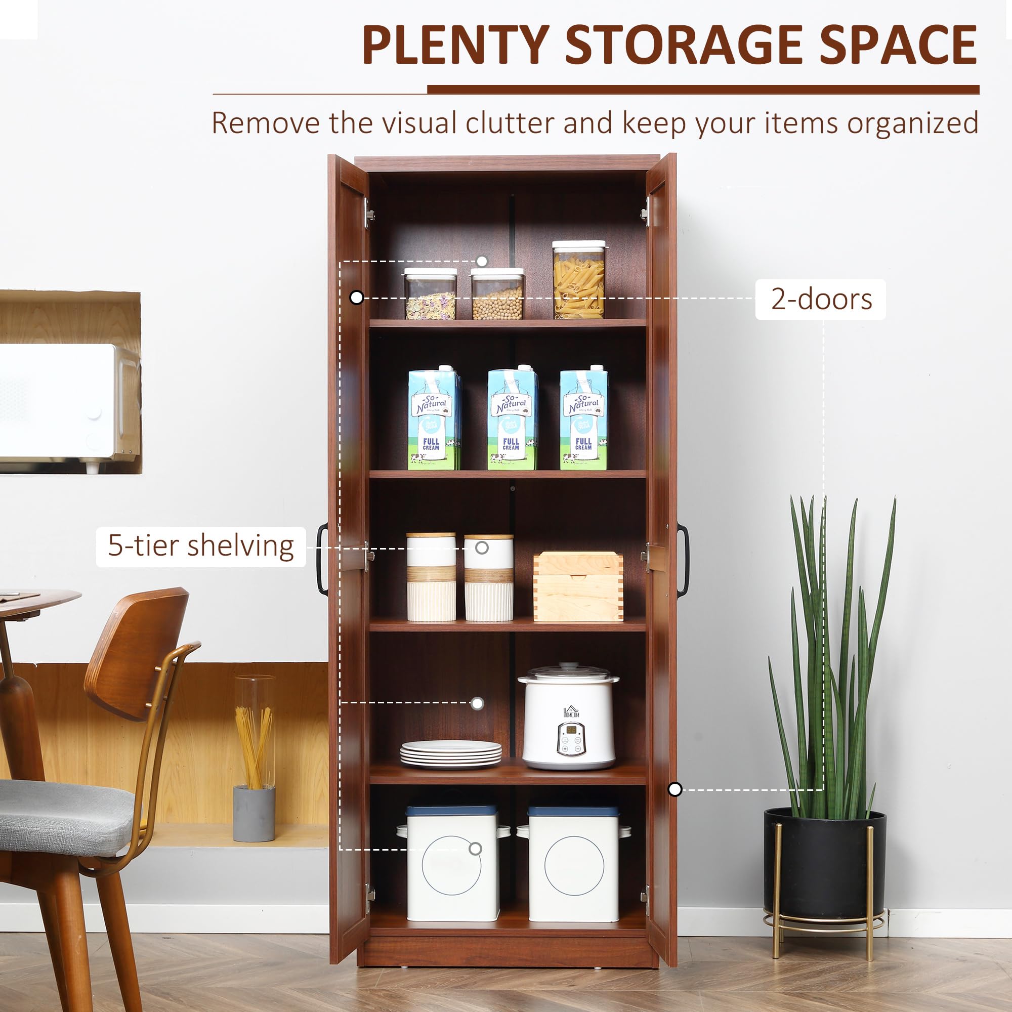 HOMCOM 63" 2-Door Kitchen Pantry, Freestanding Storage Cabinet with 5-Tier Shelving and 2 Adjustable Shelves for Dining Room, Brown