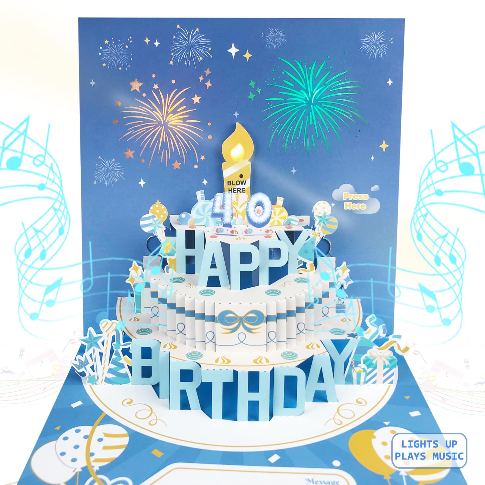 DTESL 40th Musical Birthday Cards with Light and Music, Blowable, 3D Birthday Popup Cards for Men & Women– Plays Hit Song 'HAPPY Birthday' (40th)