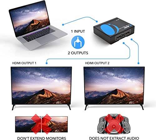 OREI HDMI Splitter 1 in 2 Out - 1x2 HDMI Display Duplicate/Mirror - Powered Splitter Full HD 1080P, 4K @ 30Hz (One Input To Two Outputs) - USB Cable Included - 1 Source to 2 Identical Displays