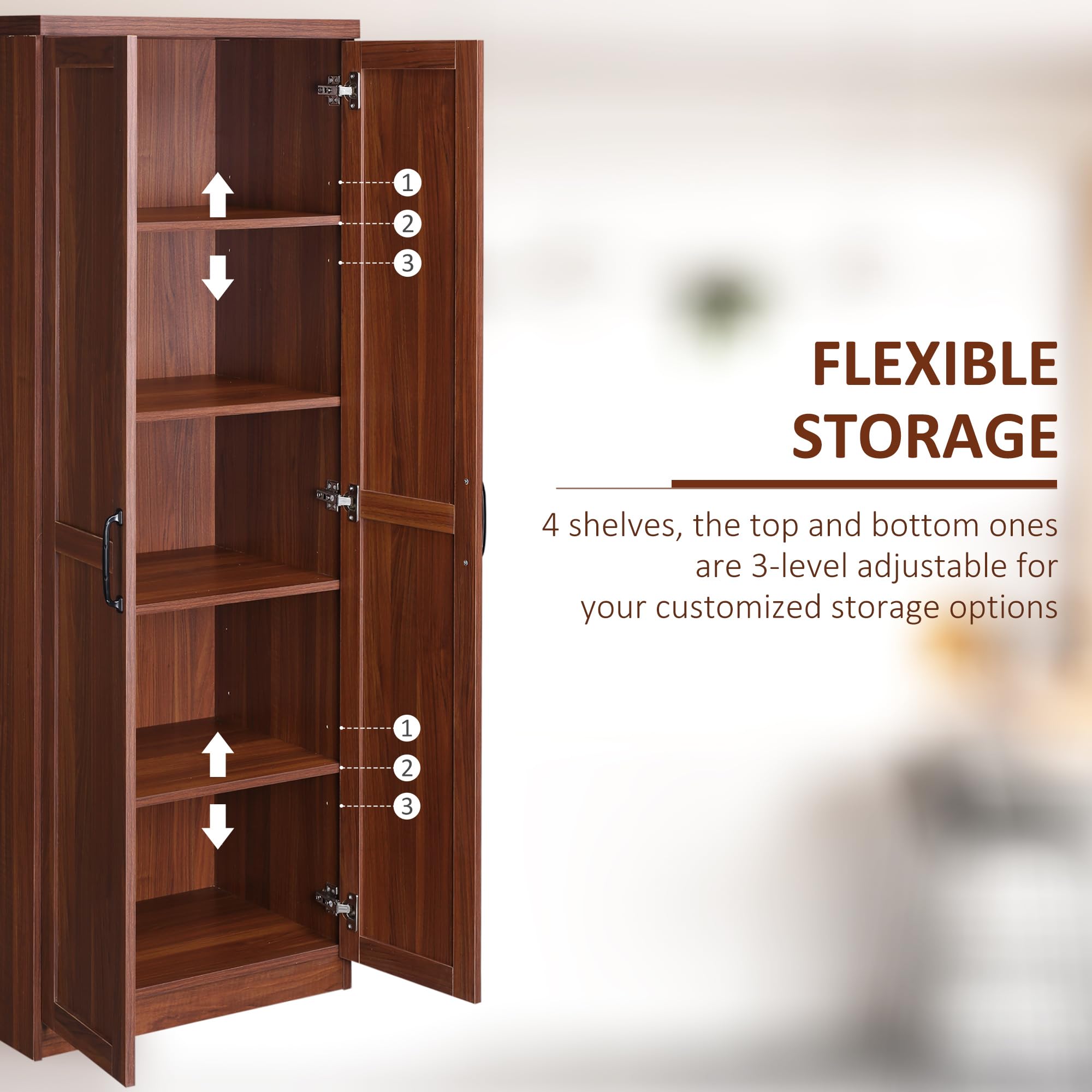 HOMCOM 63" 2-Door Kitchen Pantry, Freestanding Storage Cabinet with 5-Tier Shelving and 2 Adjustable Shelves for Dining Room, Brown