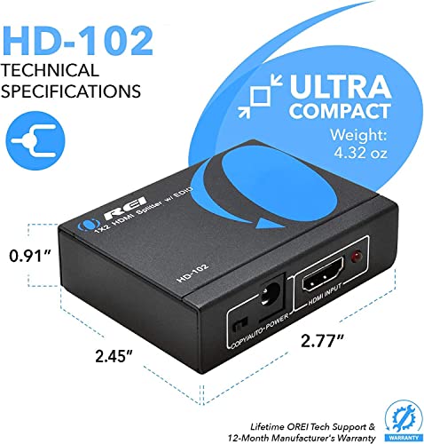 OREI HDMI Splitter 1 in 2 Out - 1x2 HDMI Display Duplicate/Mirror - Powered Splitter Full HD 1080P, 4K @ 30Hz (One Input To Two Outputs) - USB Cable Included - 1 Source to 2 Identical Displays