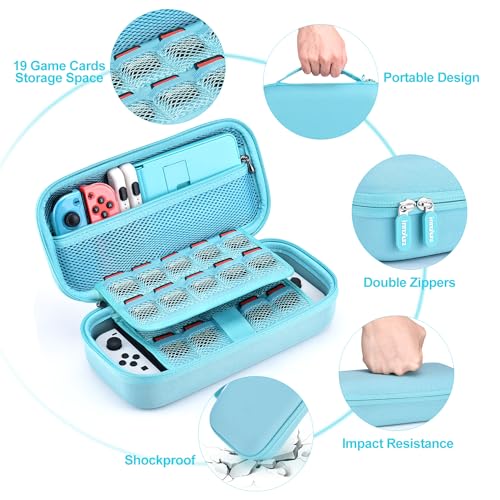 innoAura Switch OLED Case 19-in-1 Bundle with Carrying Case, Game Organizer, Screen Protector, Stand and Thumb Grips (Blue)