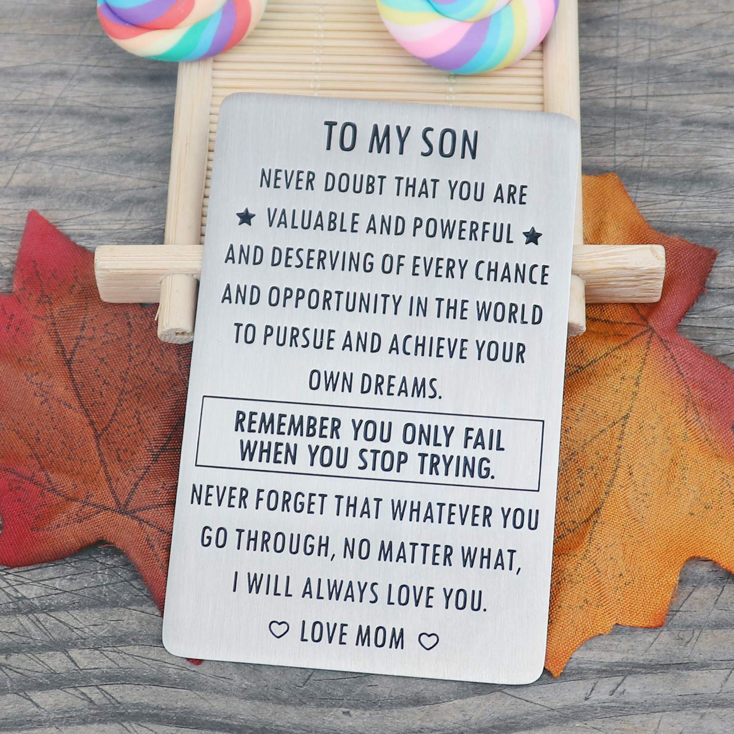 Inspirational Engraved Wallet Inserts to My Son from Mom, Gifts for Son with Motivational Quote, Wallet Insert Cards for Graduation Birthday Gift Ideas