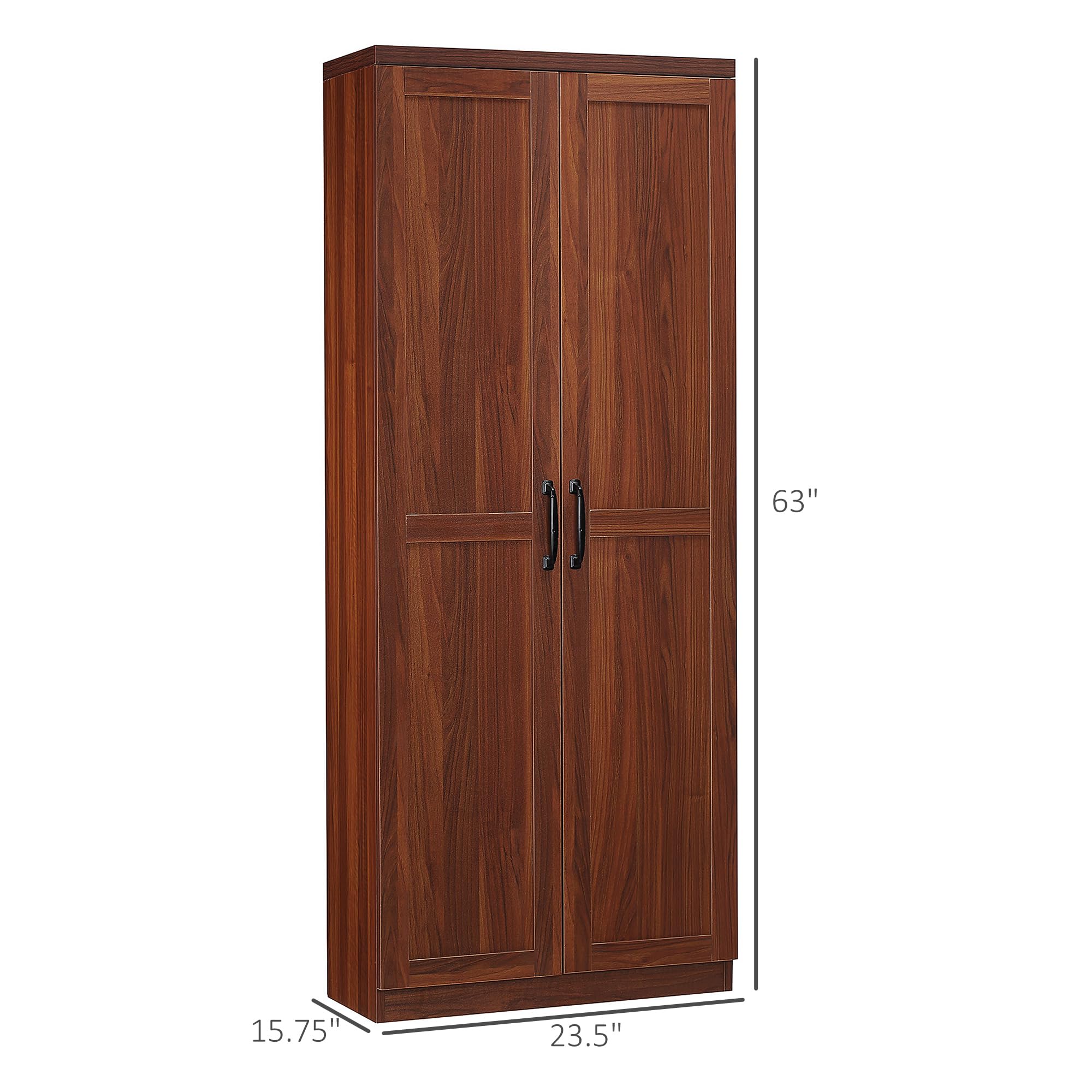 HOMCOM 63" 2-Door Kitchen Pantry, Freestanding Storage Cabinet with 5-Tier Shelving and 2 Adjustable Shelves for Dining Room, Brown