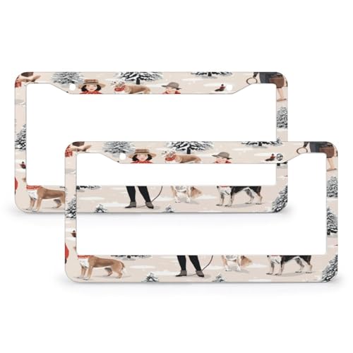 Family in Coats Wearing Santa Hats License Plate Frames 2 Pcs Set Personalized Family Christmas Car Accessories Fits All Car 2 Hole Aluminum License Plate Cover with 2 Holes and Screws