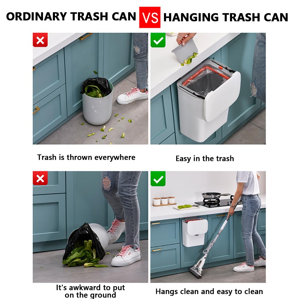 MegLob 9L Kitchen Wall Mounted Trash Can, 2.4 Gallon Compost Bin with Inner Bucket, Medium Modern Garbage Bin with Detachable Liner Bucket and Handle,White