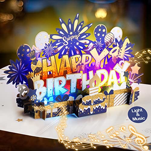 INPHER Large Birthday Card Light and Music Pop Up Happy Birthday Card Musical Birthday Gift Greeting Cards Birthday Cards for Mom, Dad, Husband, Wife, Sister, Navy Blue