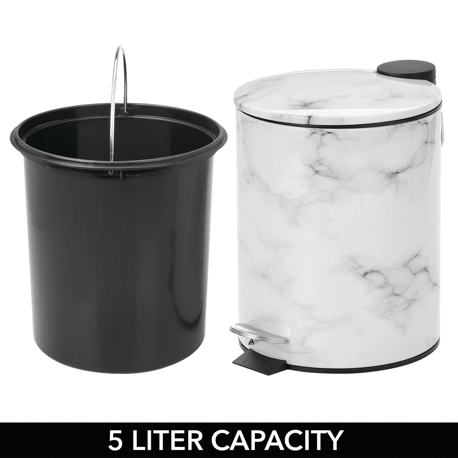 mDesign Metal 1.3 Gallon/5 Liter Round Step Trash Wastebasket, Garbage Container Bin with Lid for Bathroom, Powder Room, Bedroom, Kitchen, Craft Room, Office - Removable Liner Bucket - White Marble