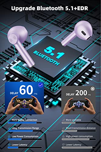 Wireless Earbuds Bluetooth, ENC Noise Cancelling Deep Bass in-Ear Stereo Ear Buds,IPX6 Waterproof Headphones with Mic, USB-C Charging Case, Touch Control Earphones for iPhone & Android Purple