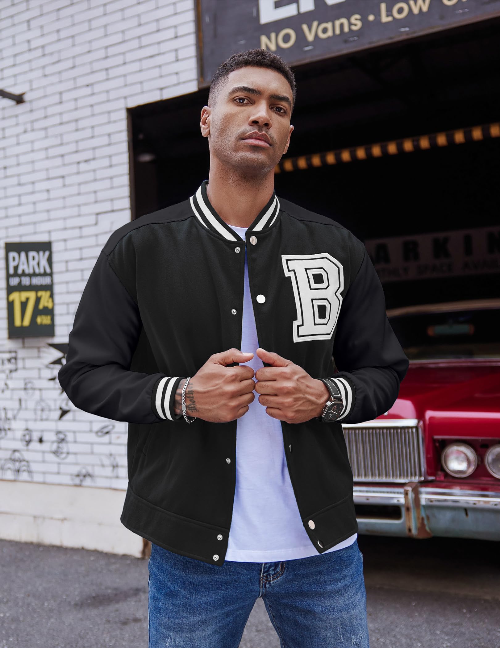 COOFANDY Men All Black Varsity Jacket Costume Letterman B Bomber Vintage Jacket Casual Stylish Jacket