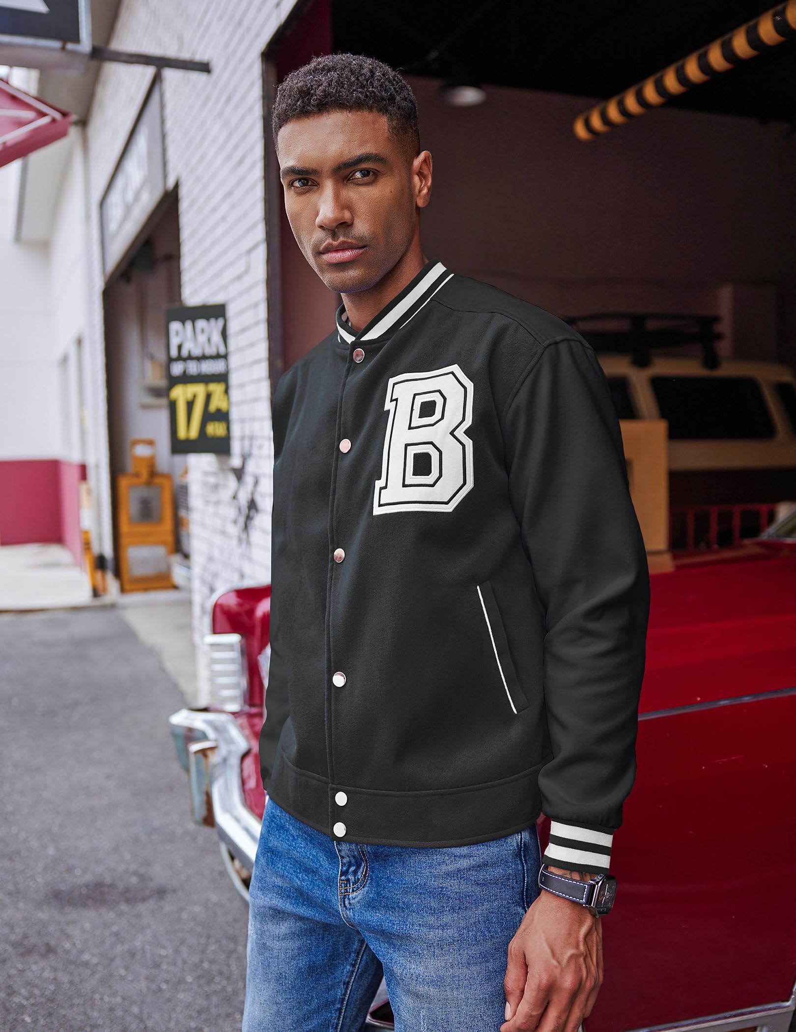 COOFANDY Men All Black Varsity Jacket Costume Letterman B Bomber Vintage Jacket Casual Stylish Jacket