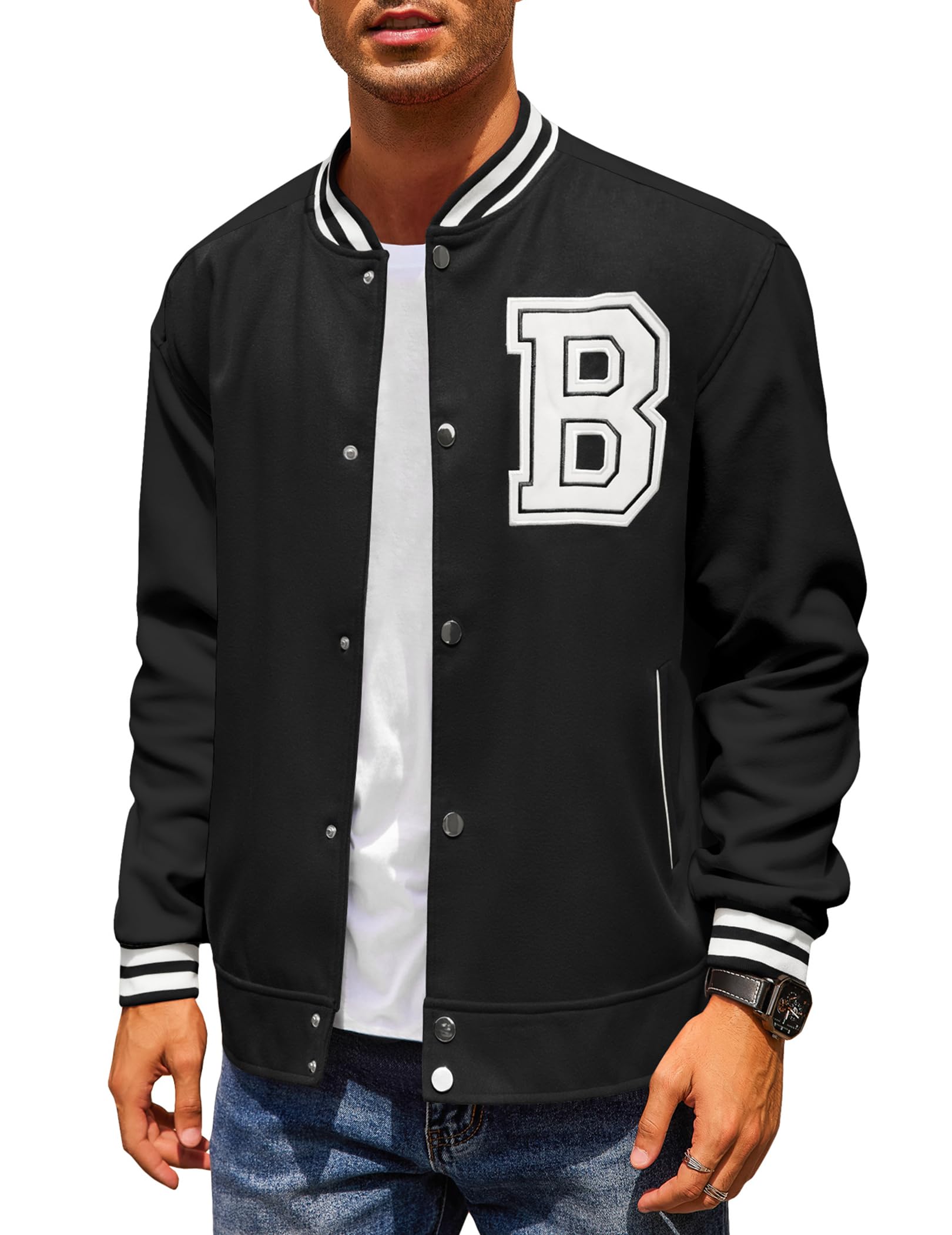 COOFANDY Men All Black Varsity Jacket Costume Letterman B Bomber Vintage Jacket Casual Stylish Jacket