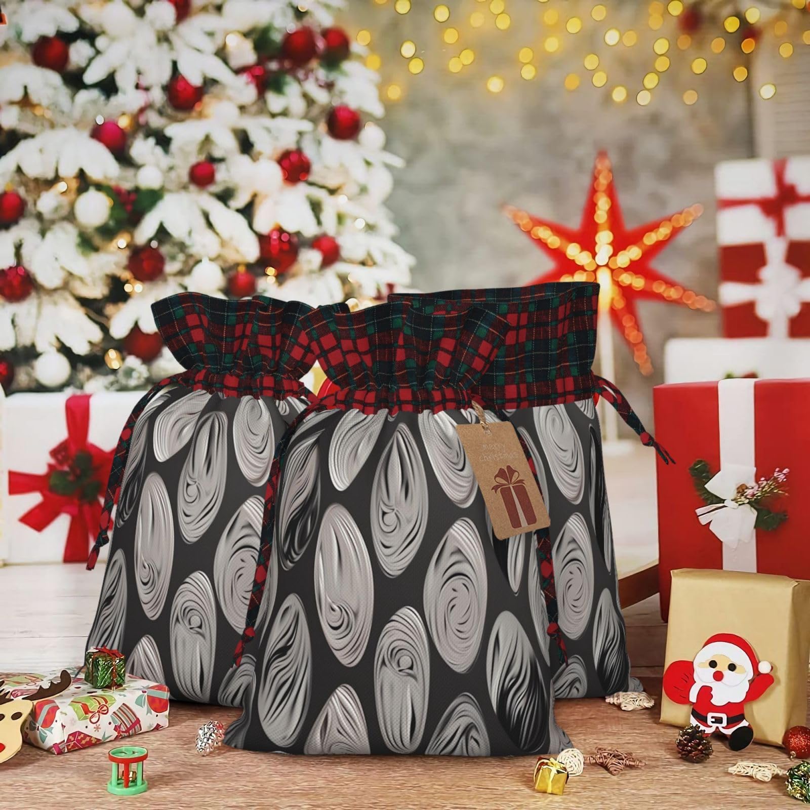 Christmas Gift Bags with Drawstring Burlap Gift Bags Abstract Black Silver Christmas Linen Bags for Xmas Party Candy Bags with Cards Xmas Reusable Wrapping Bags Christmas Linen Treat Bags for Holiday