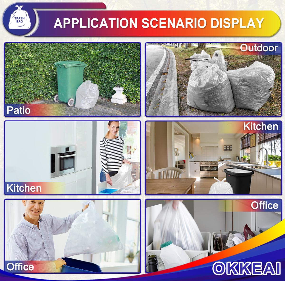OKKEAI 8 Gallon Trash Bags 30L Garbage Bags Medium White Kitchen Trash Bags Wastebasket Liners for Bathroom,Home Office, Lawn,60 Count,Clear (Fits 7-10 Gallon Bins)