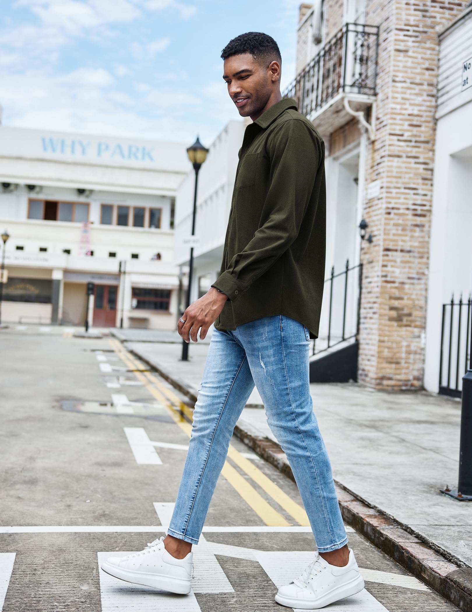 COOFANDY Men's Corduroy Shirt Jacket Slim Fit Button up Work Shirt with Two Flap Pockets Army Green