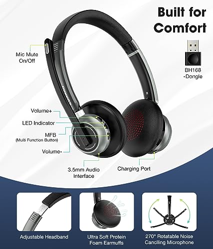KONNAO Wireless Headset with AI Noise Cancelling Microphone, V5.3 Wireless Headphones with USB Dongle & Mic Mute for Computer/Laptop/PC/iPhone/Android/Cell Phones/Zoom/Ms Teams/Skype