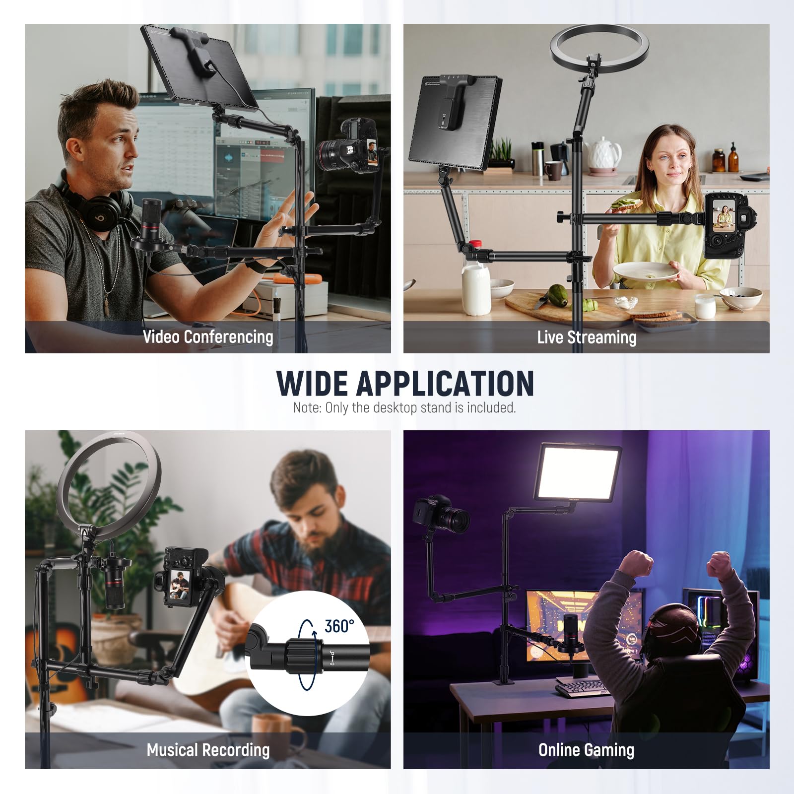 NEEWER Overhead Camera Desk Mount Rig Stand with 2 Boom Arms for Photography Devices: Video Light Ring Light Phone Mount Webcam Mic Compact DSLR for Home Office Studio Live Streaming Broadcast, ST008